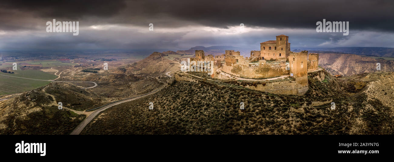 Aerial view of the ruined medieval abandoned Montearagon castle ...