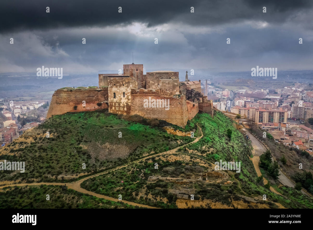 Aerial view of Monzon fortress a former Templer knight castle with Arab ...