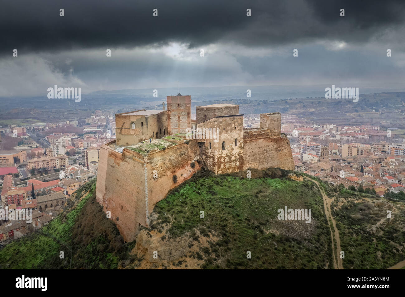 Aerial view of Monzon fortress a former Templer knight castle with Arab ...
