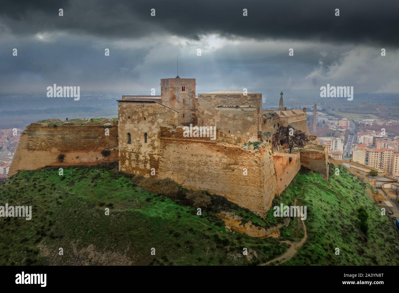 Aerial view of Monzon fortress a former Templer knight castle with Arab ...