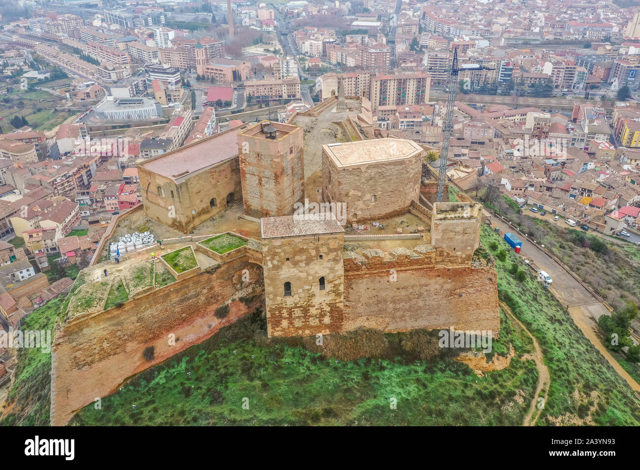 Aerial view of Monzon fortress a former Templer knight castle with Arab ...