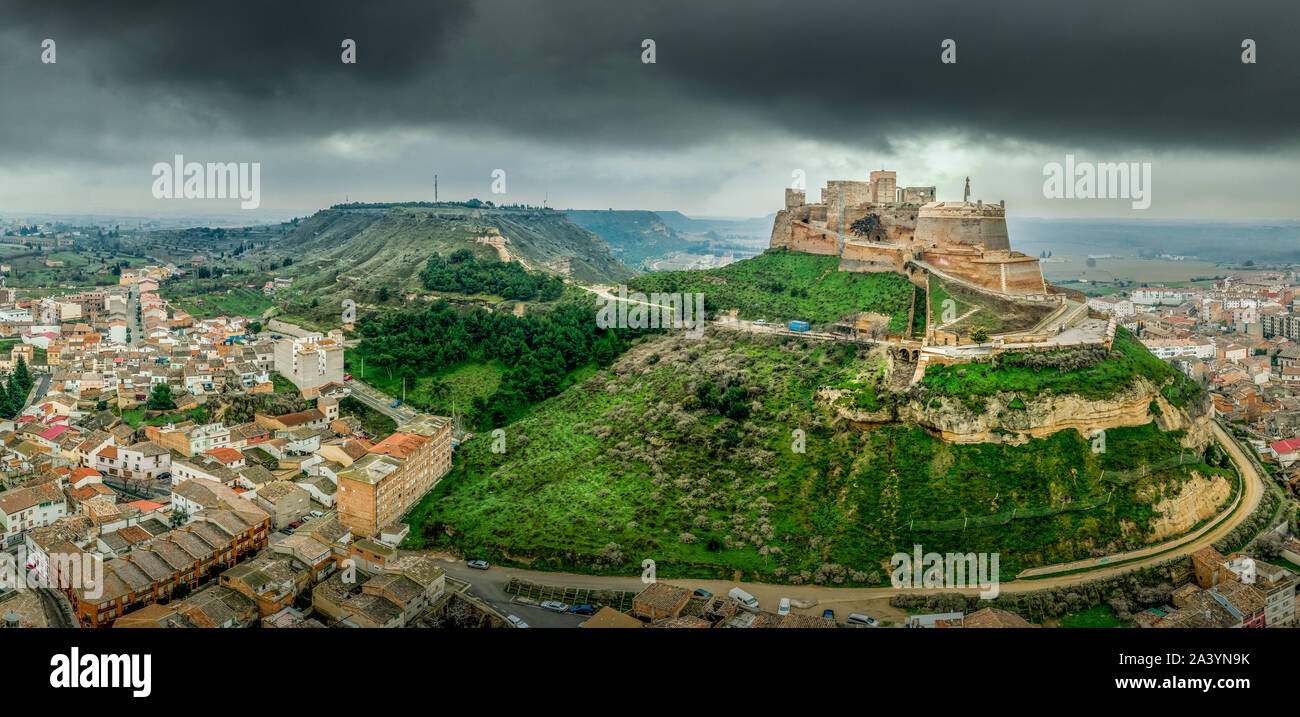 Aerial view of Monzon fortress a former Templer knight castle with Arab ...
