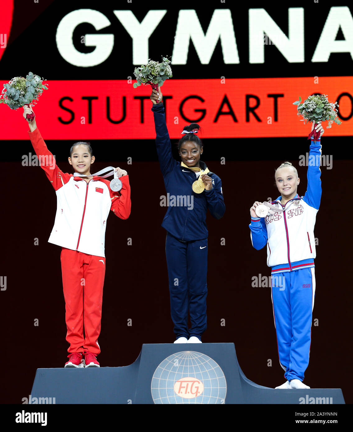 Stuttgart, Germany. 10th Oct, 2019. Gold medalist Simone Biles of the ...