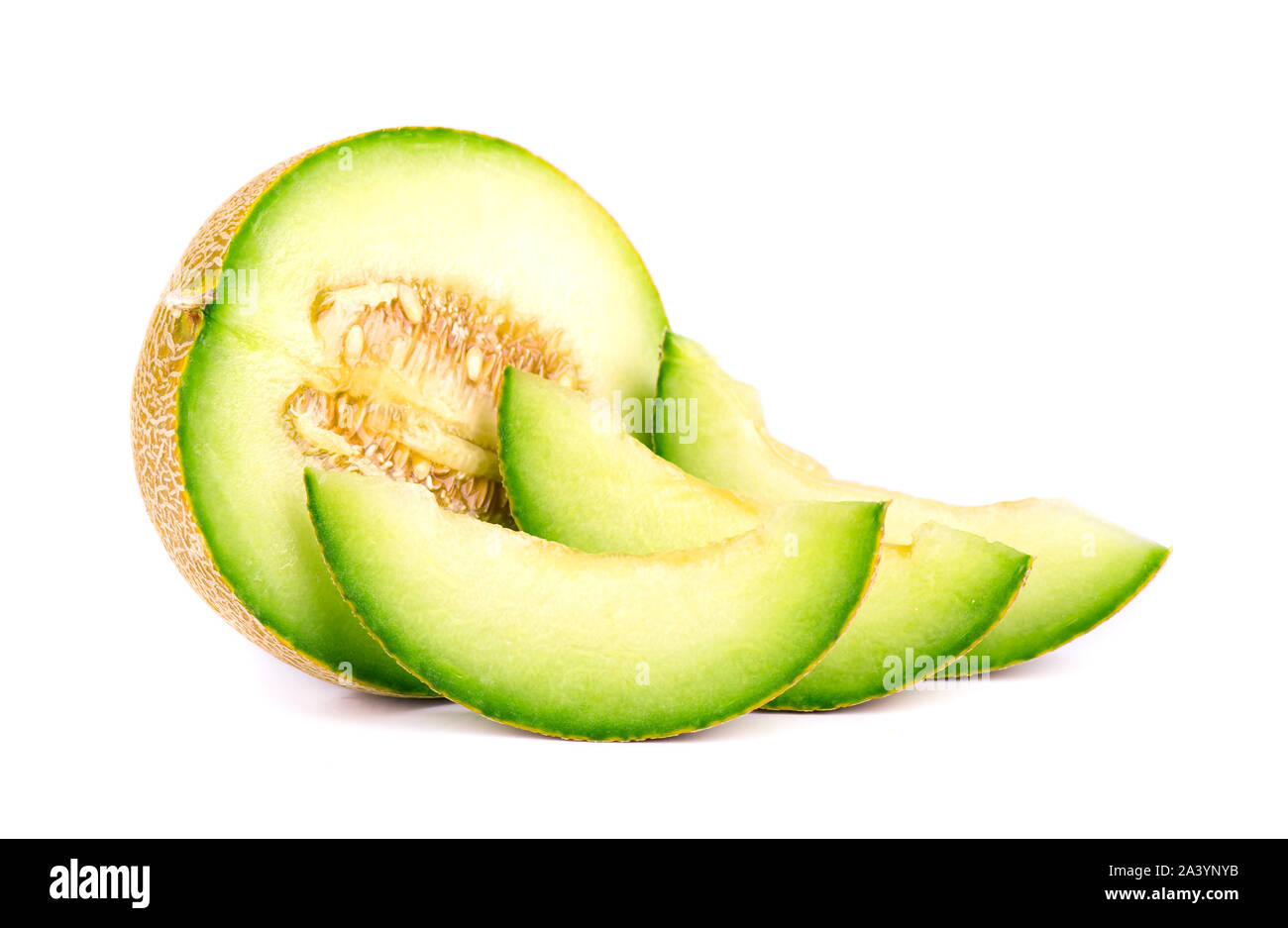 Freshly sliced cantaloupe melon isolated on white background. Juicy and ...