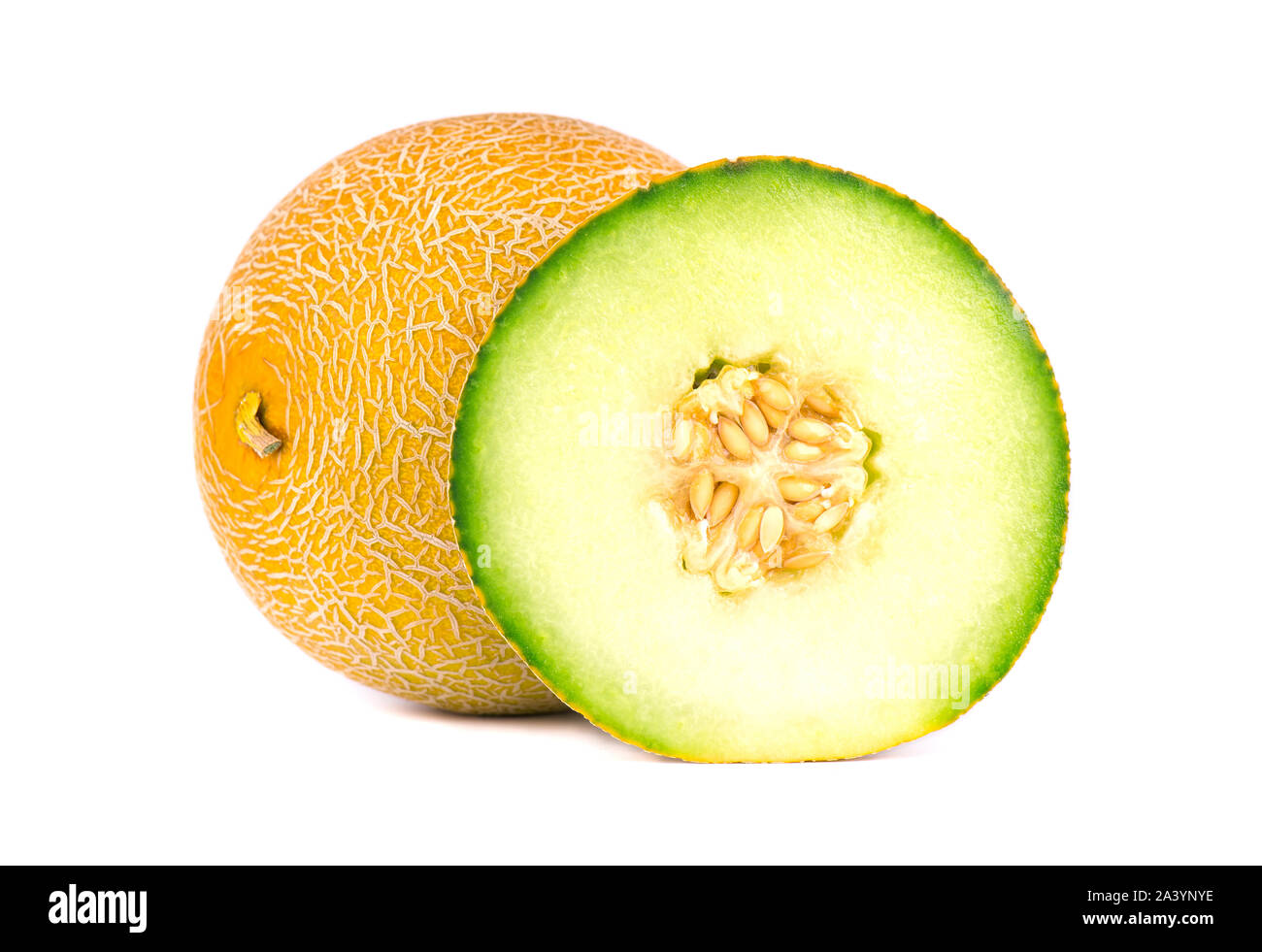 Freshly sliced cantaloupe melon isolated on white background. Juicy and ...