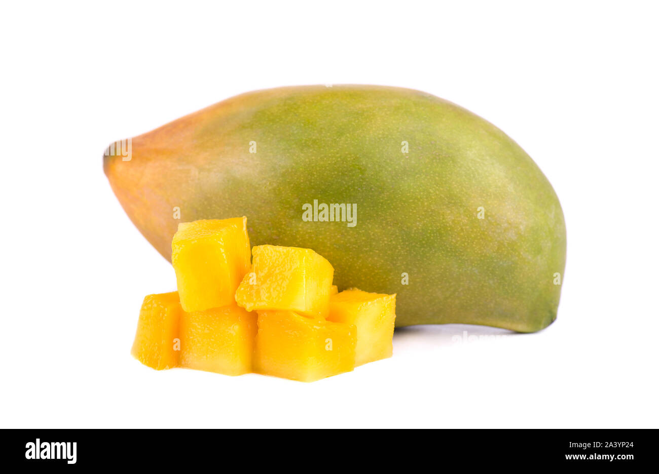 Mango fruit slices, cubes and slices, isolated on a white background ...