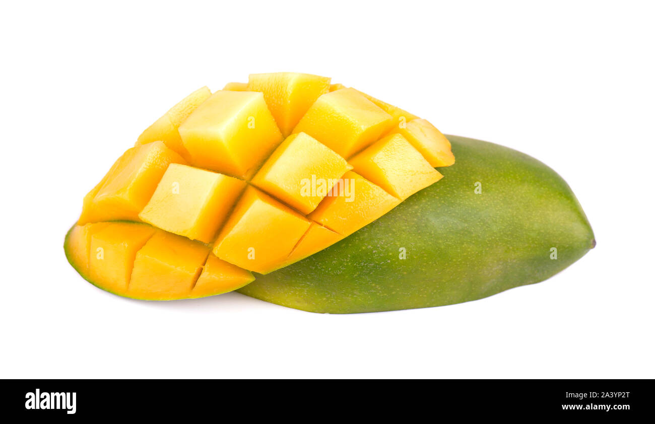 Mango fruit slices, cubes and slices, isolated on a white background ...