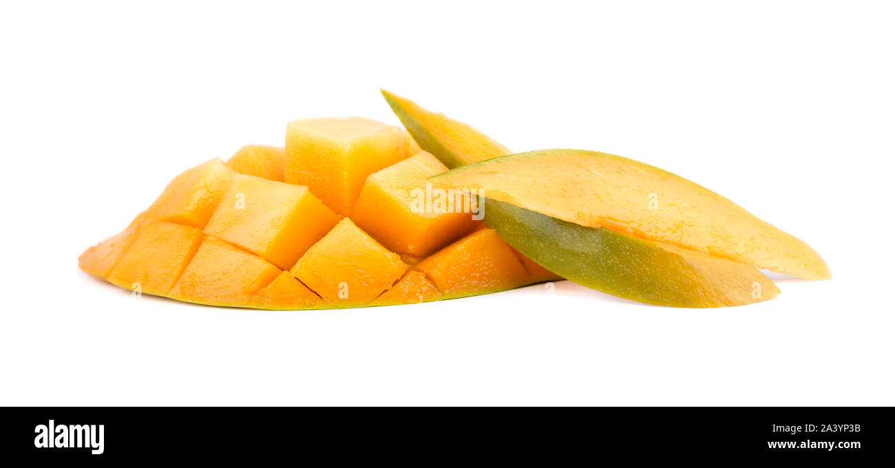 Mango fruit slices, cubes and slices, isolated on a white background ...