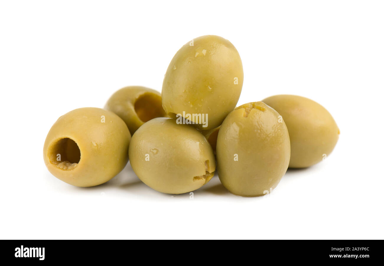 Pitted and marinated green olives, isolated on white background Stock ...