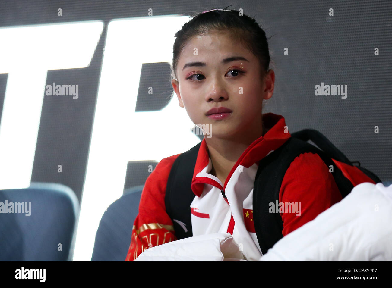 Stuttgart, Germany. 10th Oct, 2019. Chinese gymnast Li Shijia reacts ...