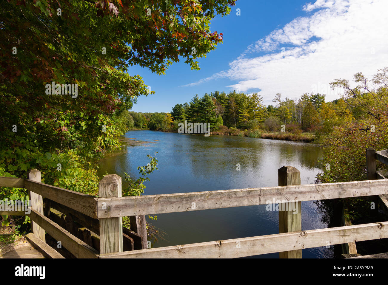 View of the water and landscape from wooden pathway. Silver Lake State ...