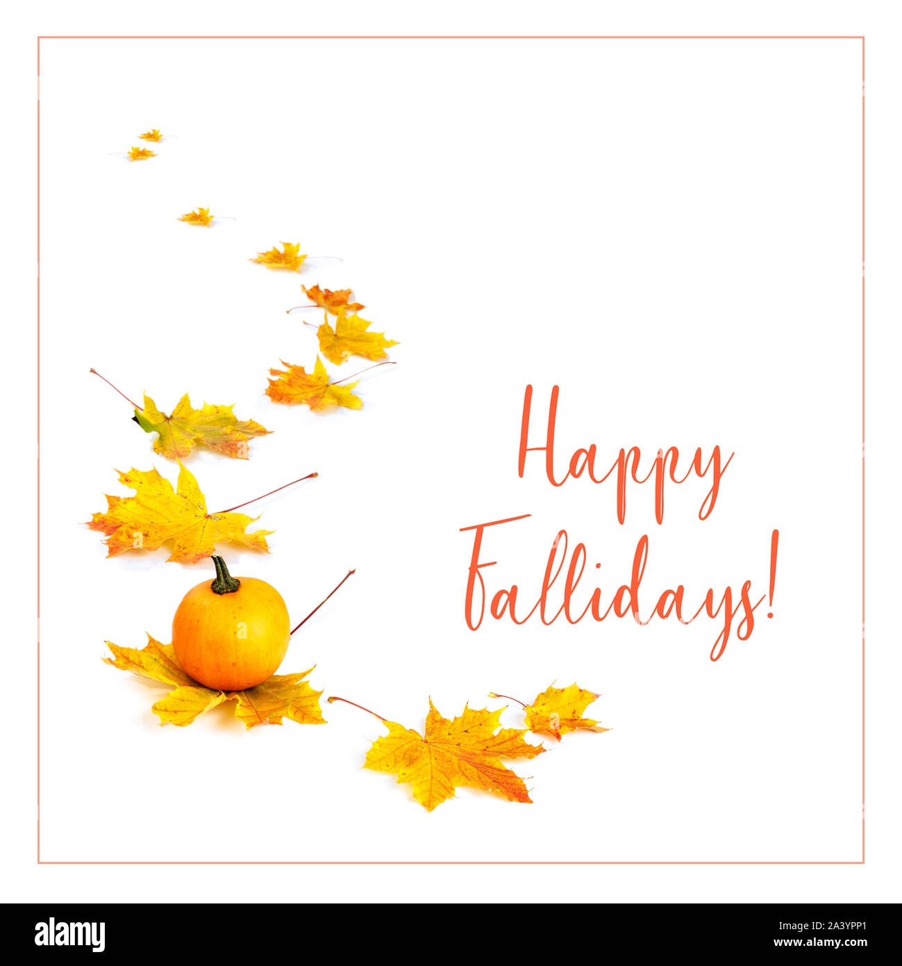 Happy Fallidays lettering, white postcard design with yellow pumpkin ...