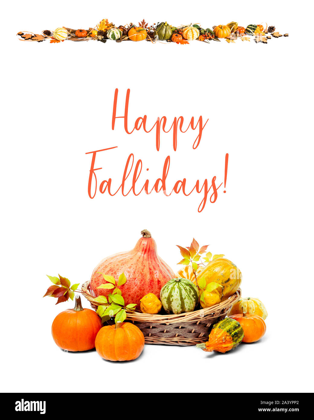 Happy Fallidays, white postcard design with lettering and pumpkins with ...