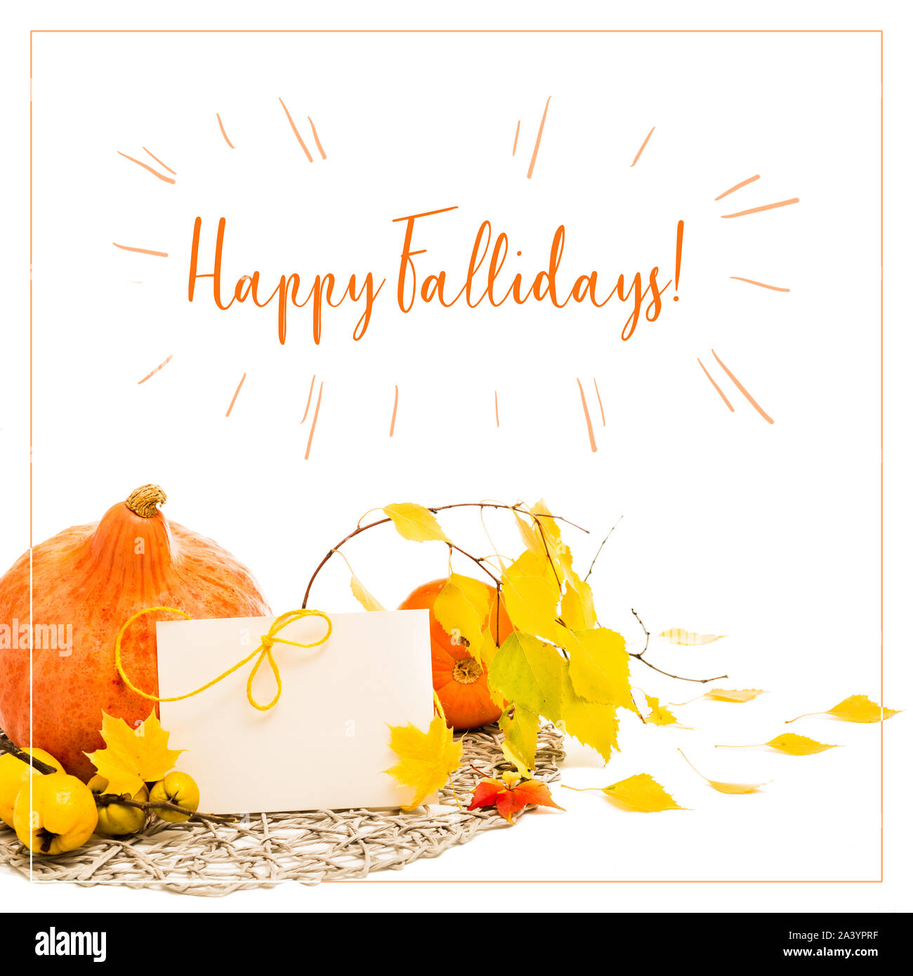 Autumn corner composition with pumpkins and leaves, square greeting ...