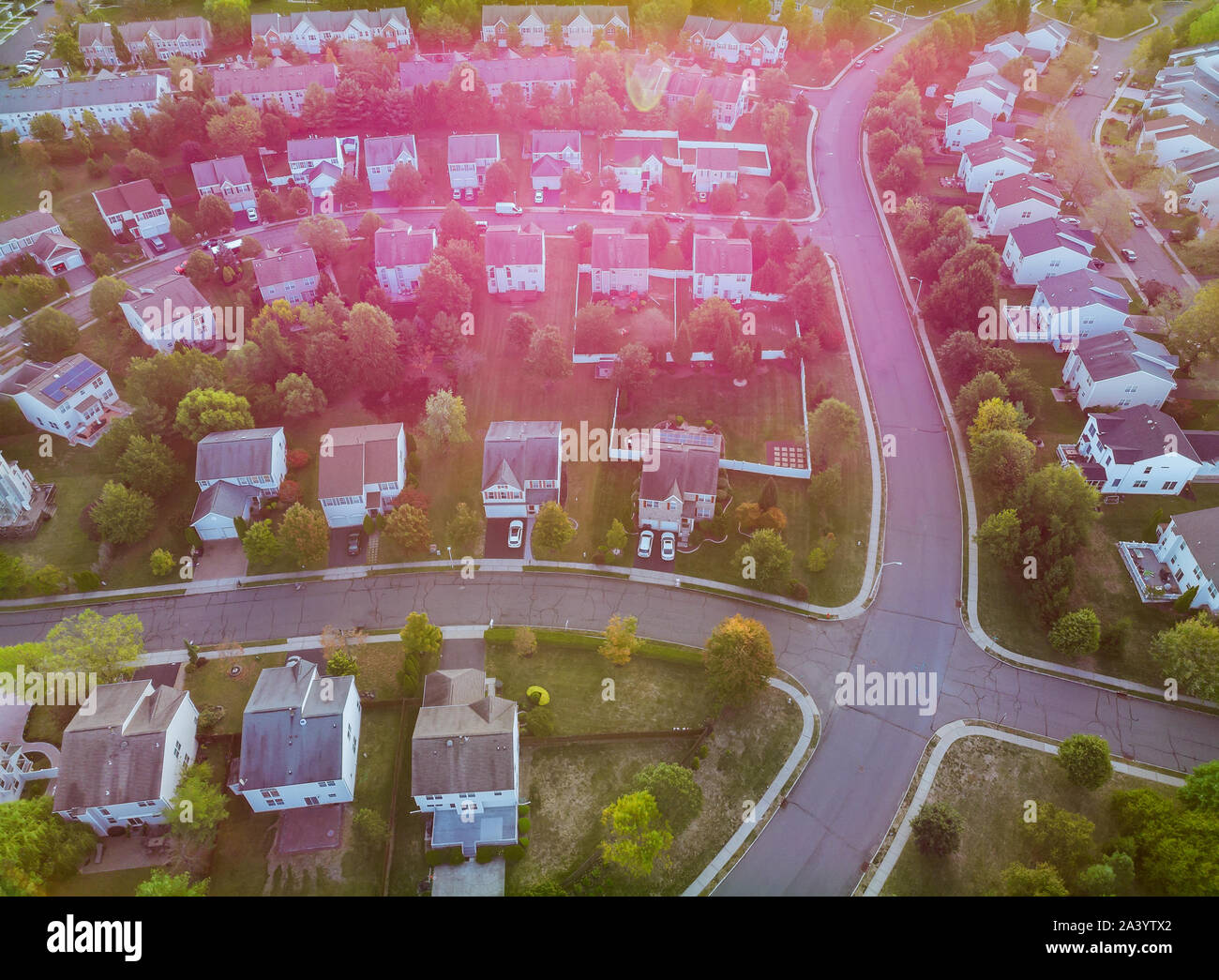 Aerial view over suburban homes and roads aerial view of residential ...