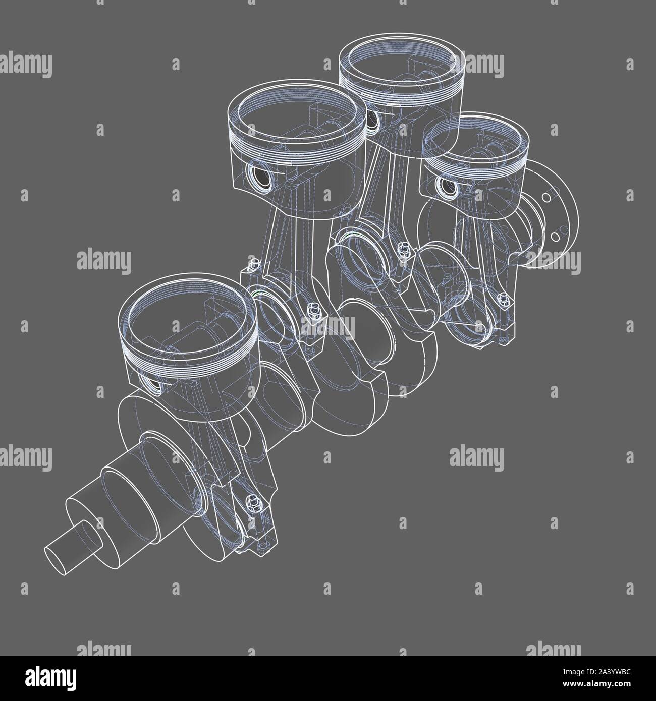 Engine pistons outline. 3D illustration. White lines and grey ...