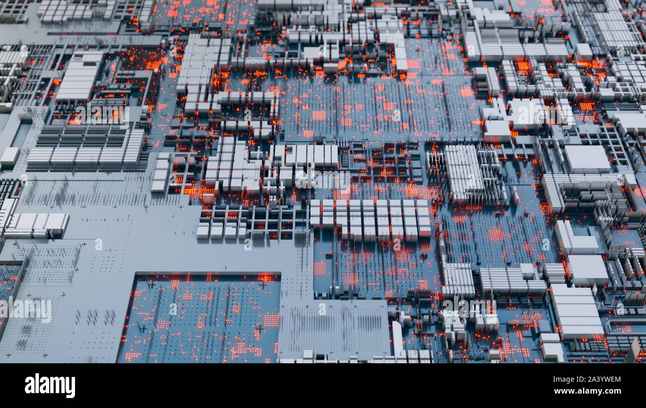 Abstract futuristic design. Tech wall with red bright elements. DOF ...