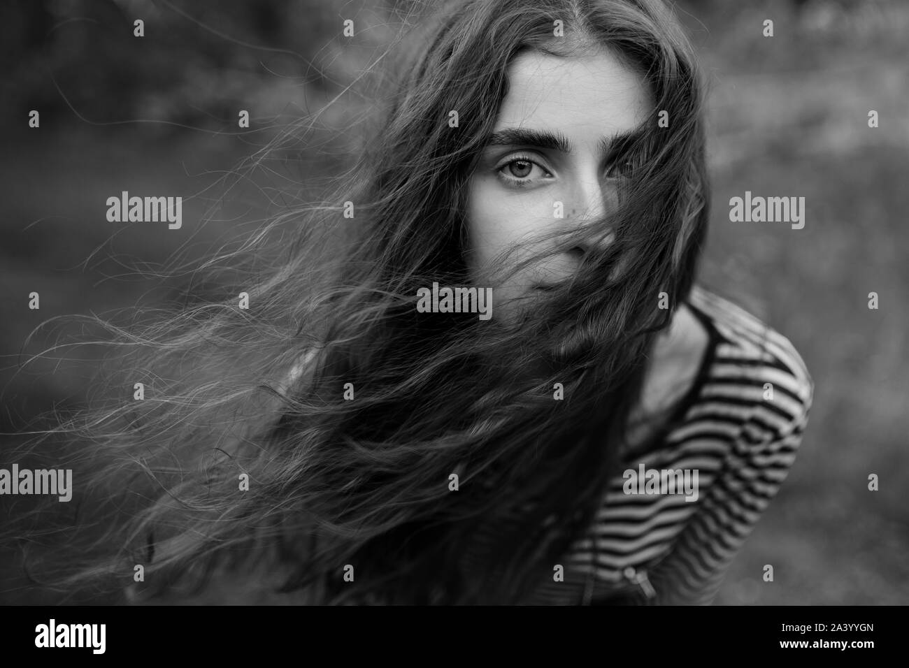 Portrait of windswept young woman Stock Photo - Alamy