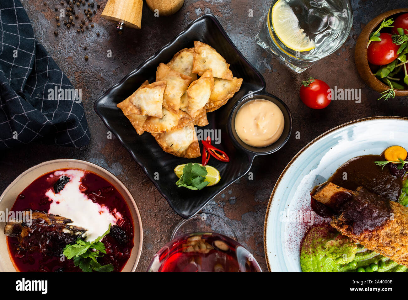 Fried fish appetizer by dinner of meat and mushy peas Stock Photo - Alamy