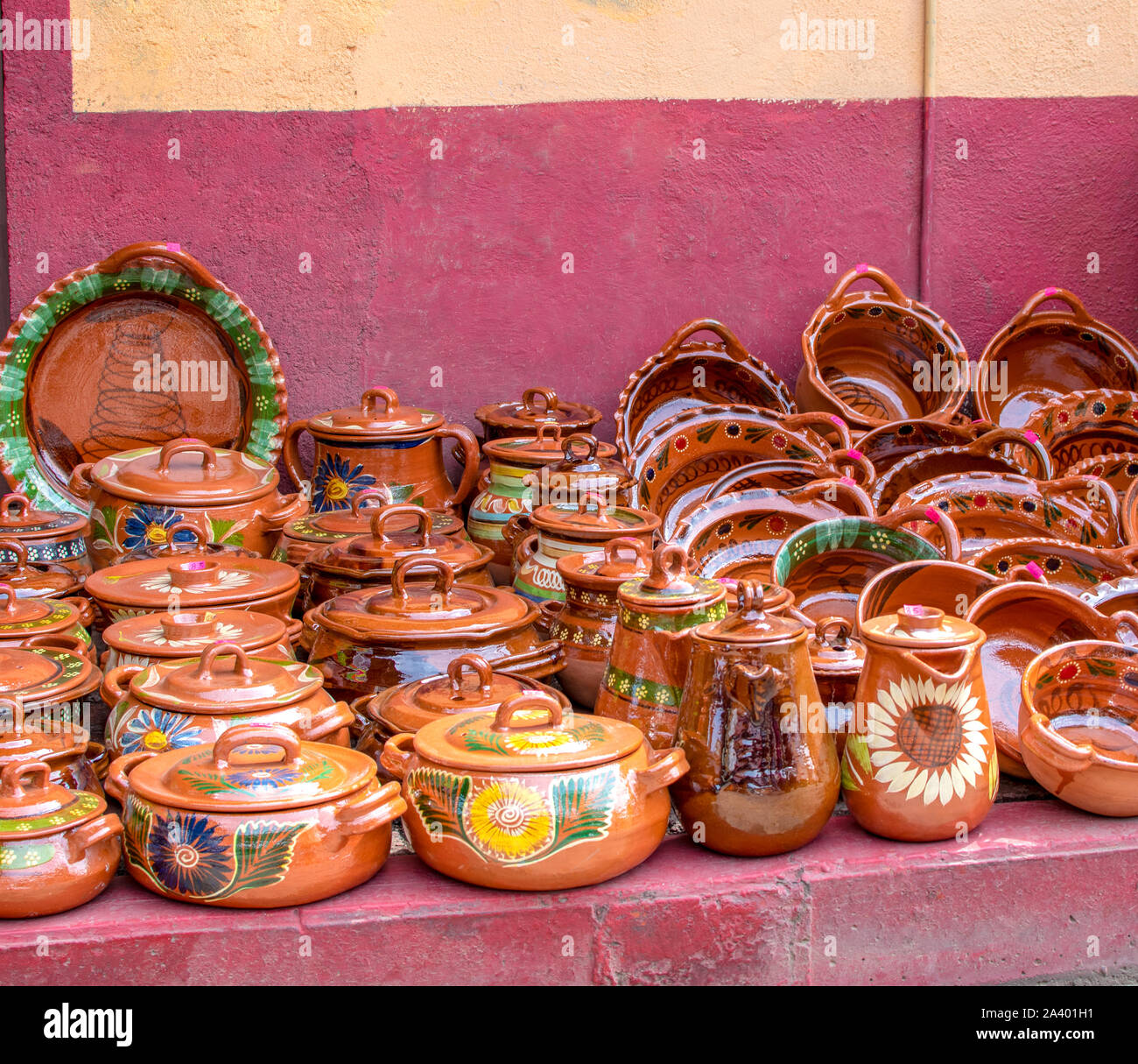 number handmade clay ceramic decorated pots typical traditional mexican ...