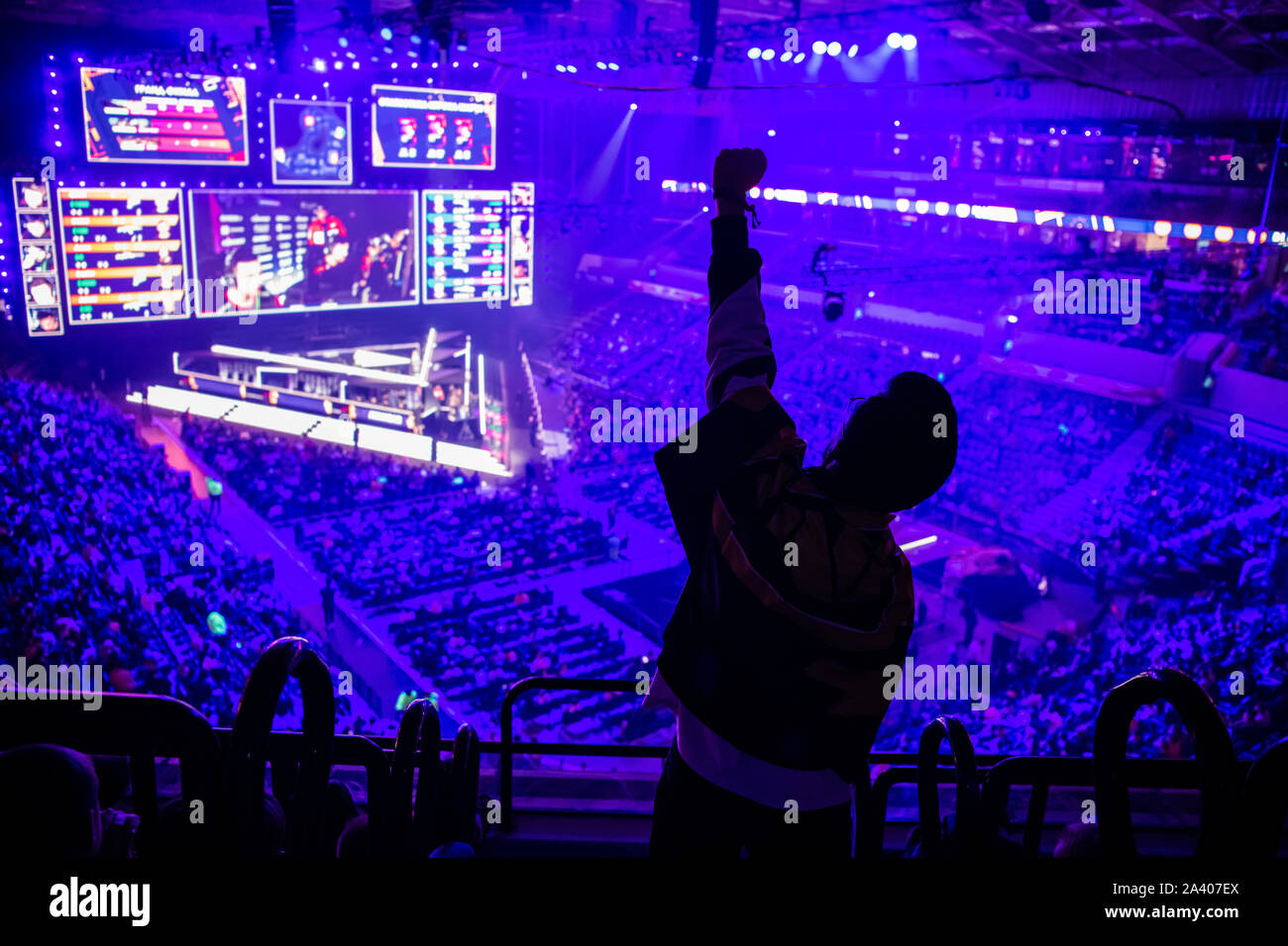 Big esports event. Video games fan on a tribune at tournament's arena ...