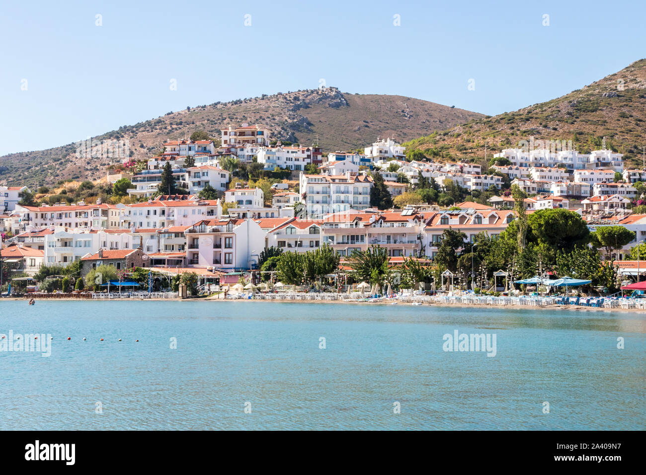 Houses on the hillside overlooking the beach, Datca, Turkey Stock Photo ...