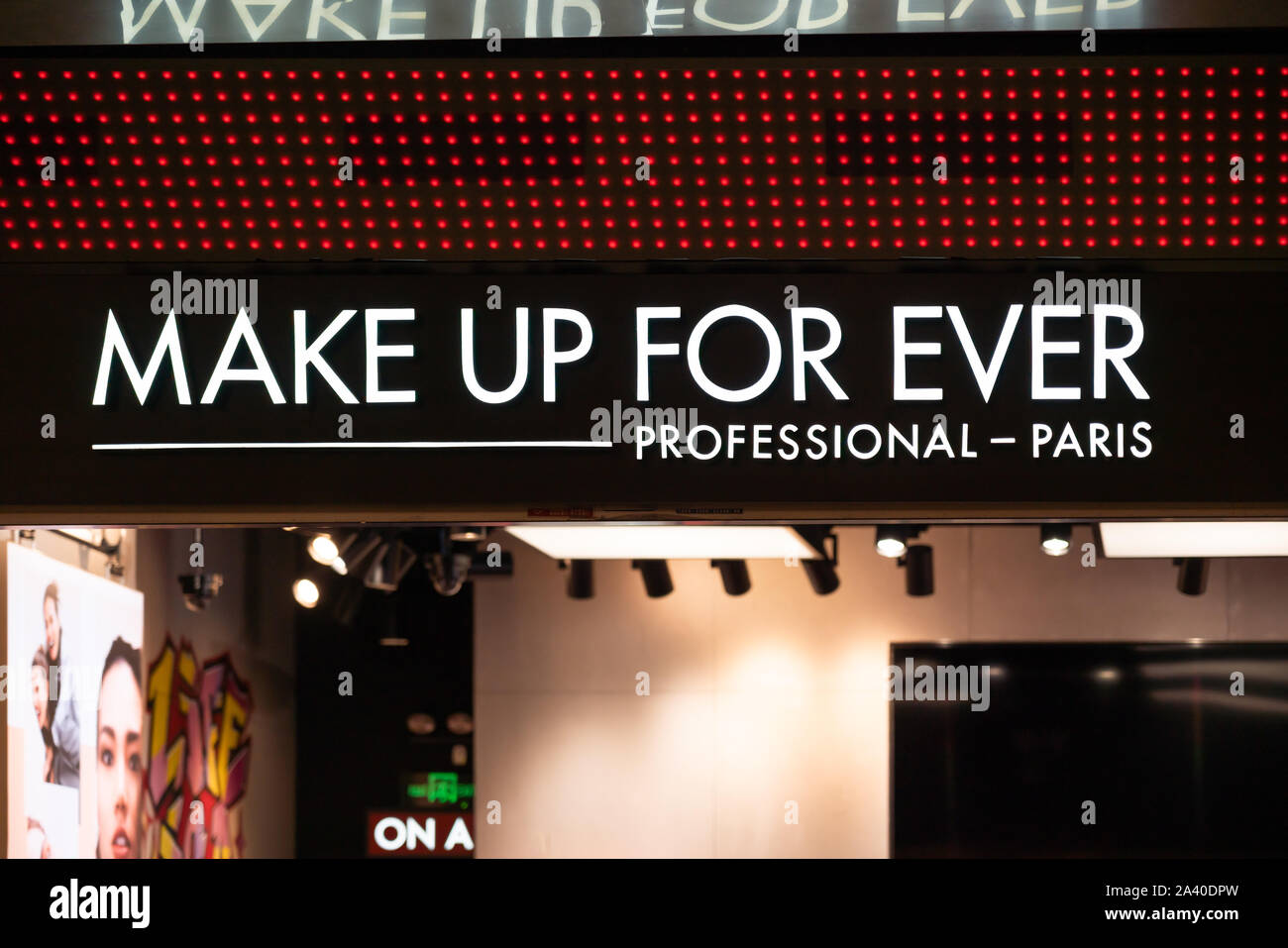Make Up For Ever logo seen in Shenzhen. A French cosmetics brand owned ...