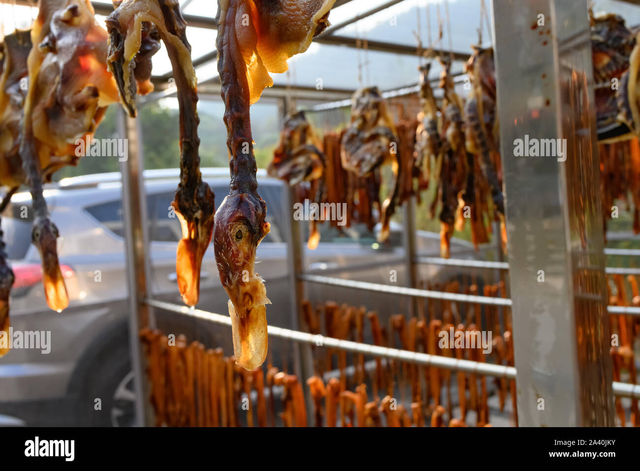 air-dried bacon and duck hanging on shelf and being dried Stock Photo ...