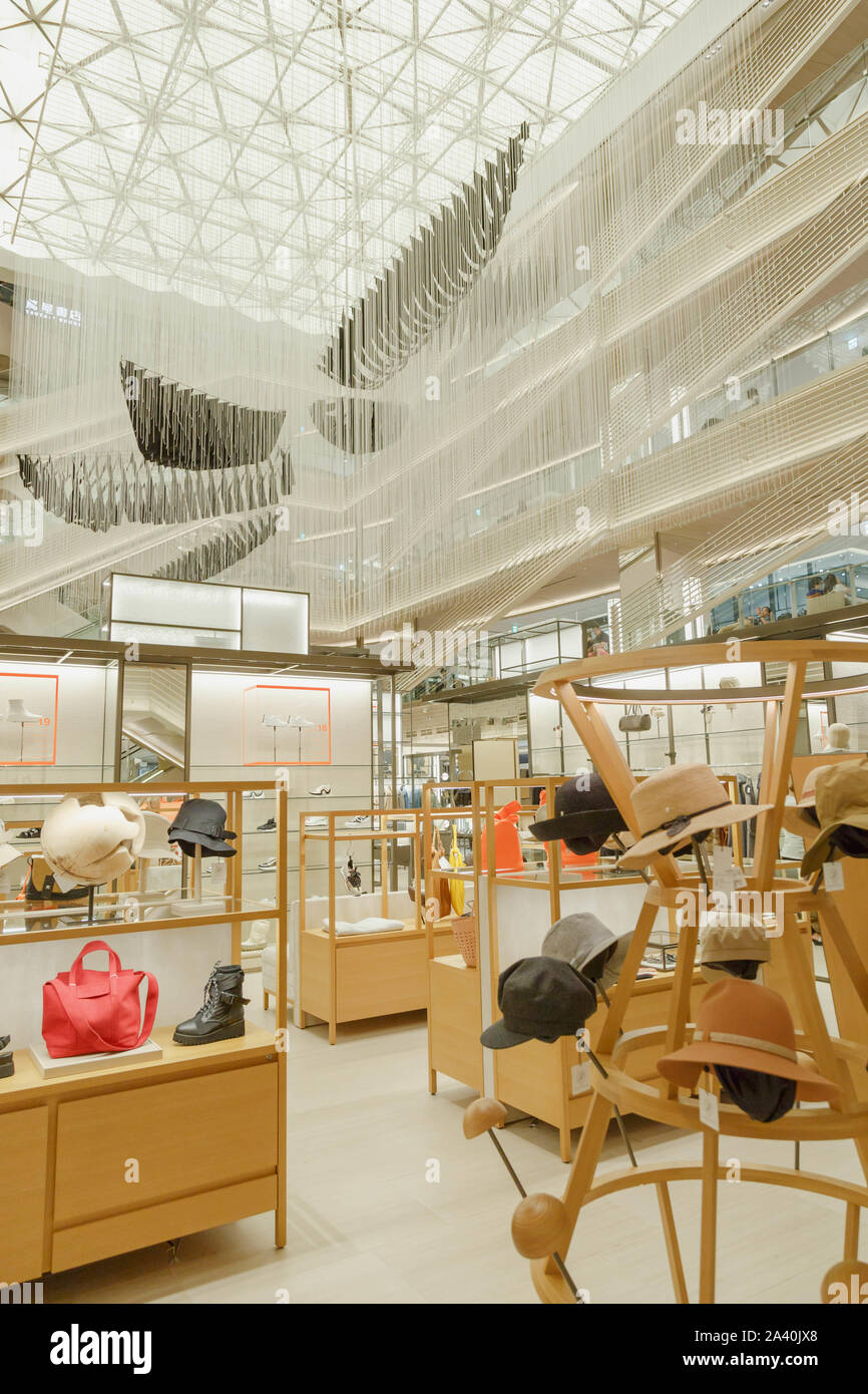 Ginza, Tokyo, Japan. A view of the ground floor atrium retail space ...