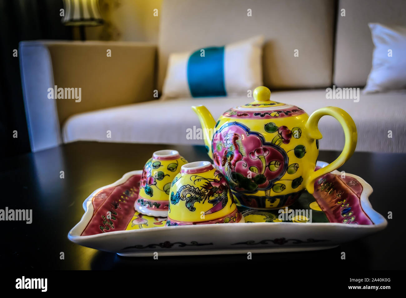 peranakan tea set on a tray on a coffee table in a living room Stock ...