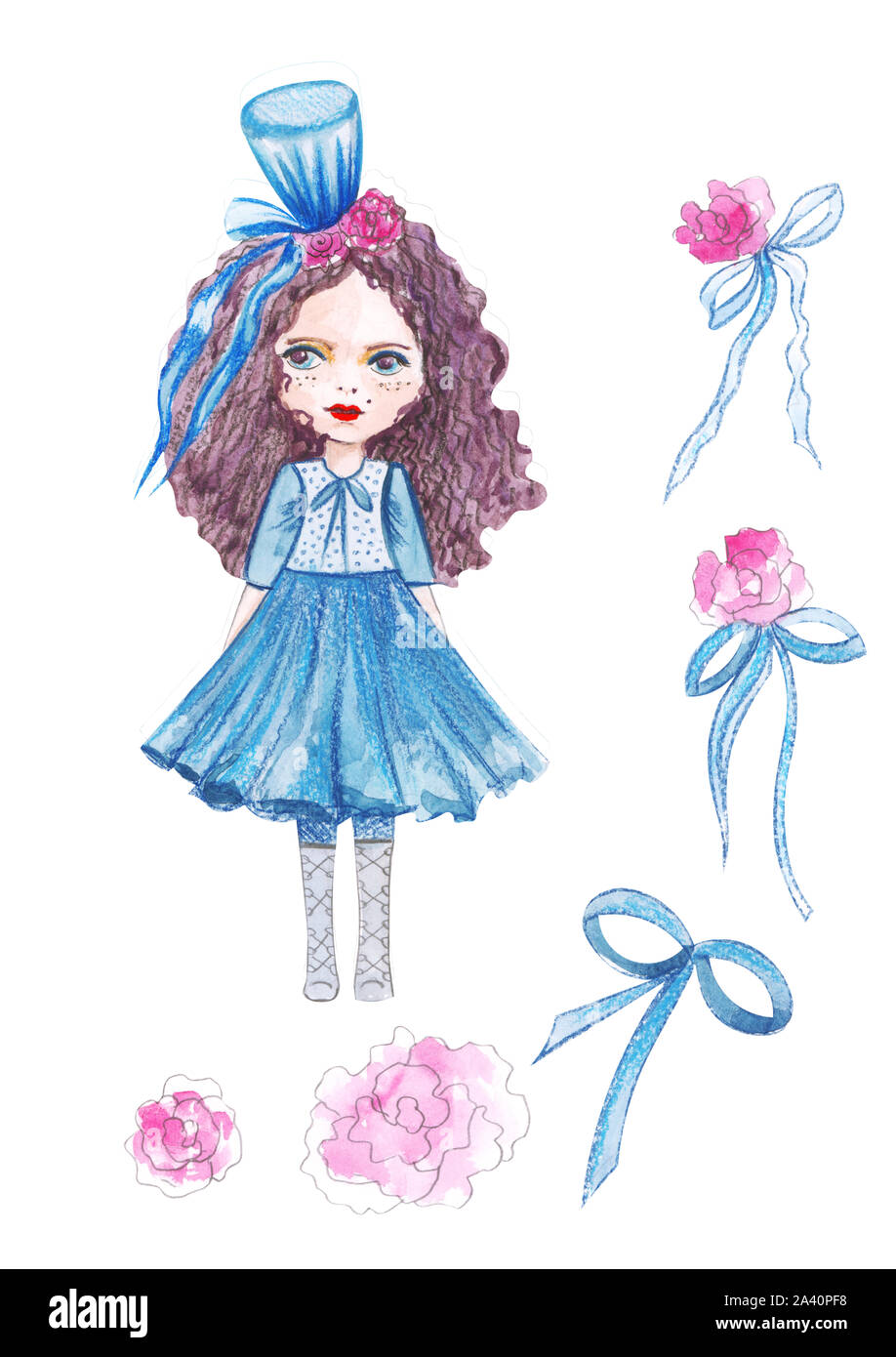 Illustration watercolor drawing of a little princess in a magnificent ...