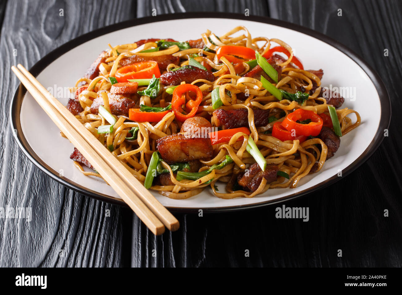 Stir fry from chow mein noodles with pork and vegetables close-up on a ...