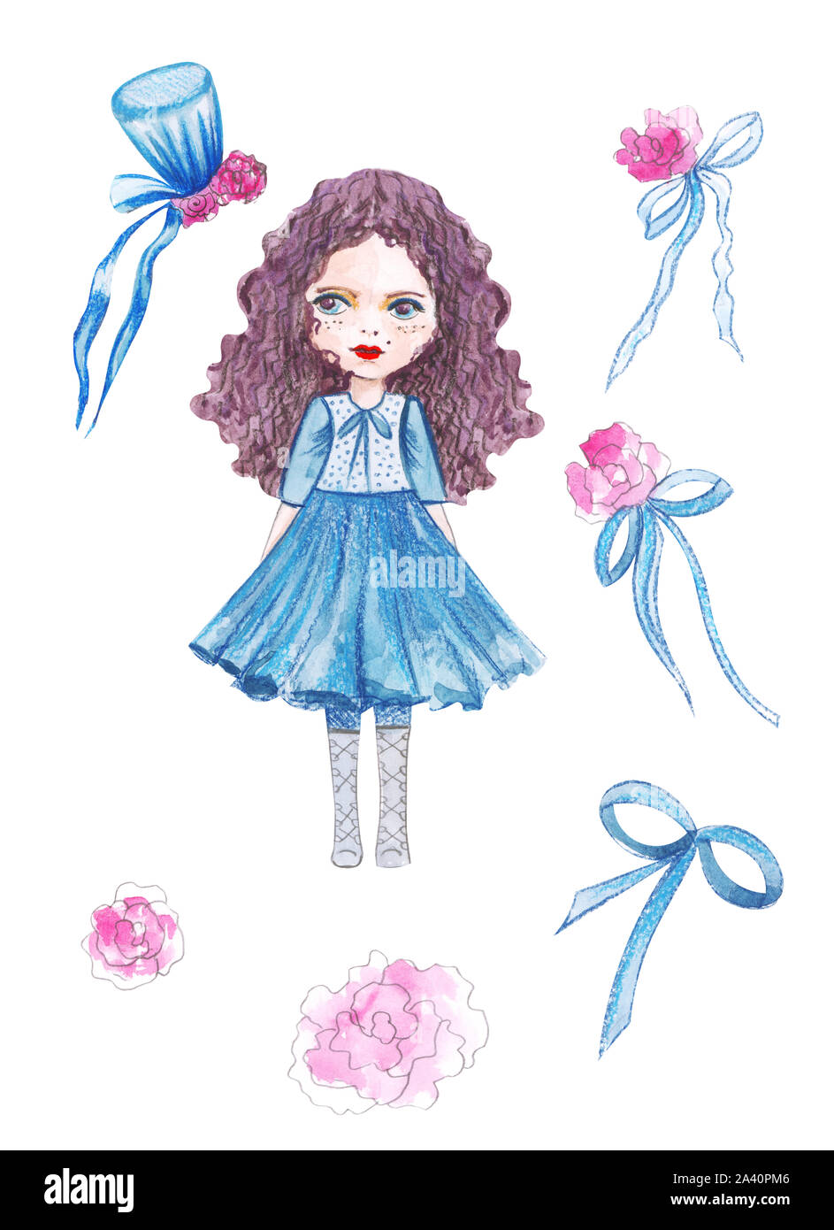 Illustration watercolor drawing of a little princess in a magnificent ...