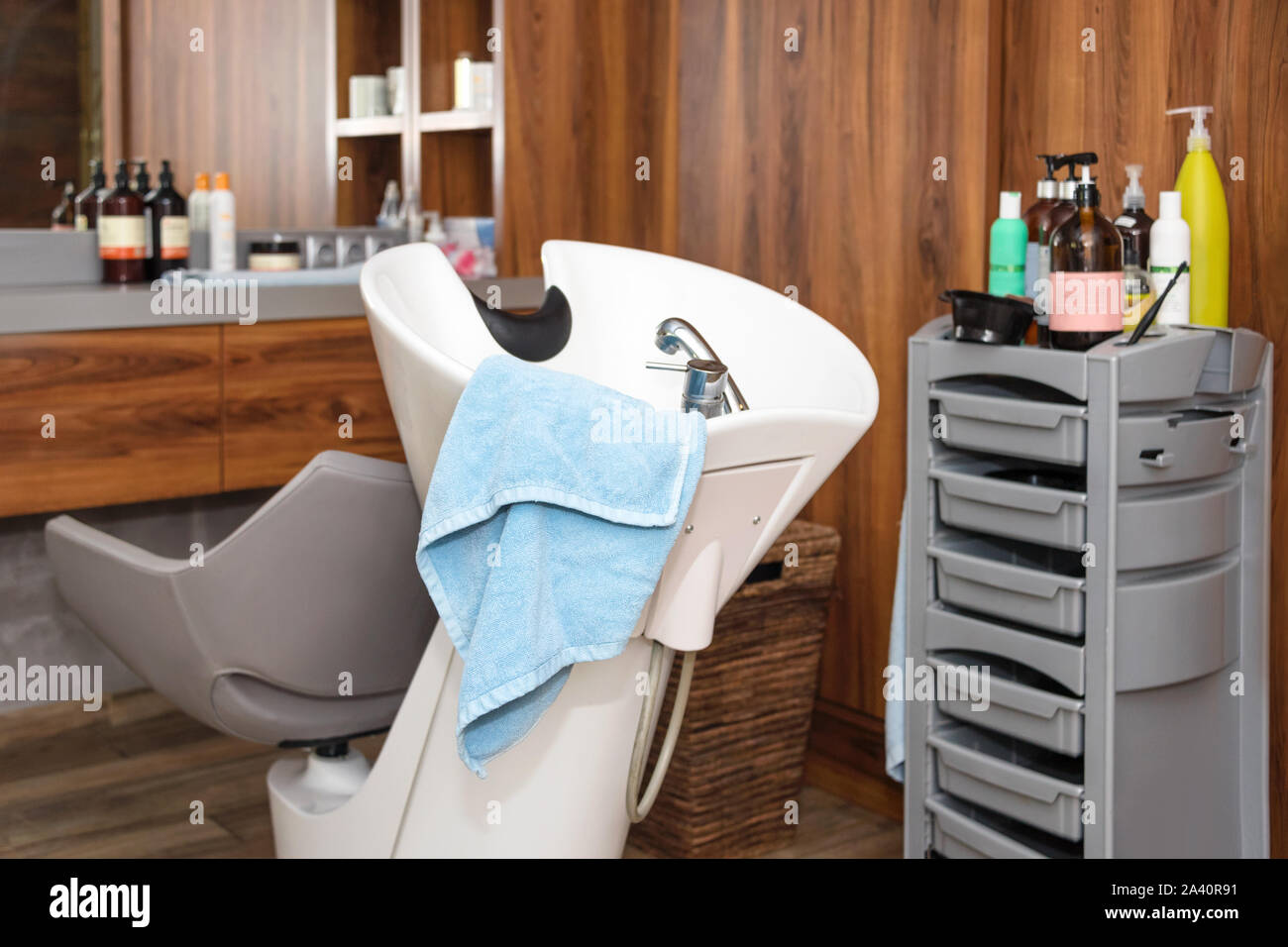 Hairdresser's workplace. Modern beauty salon. Hair salon interior ...