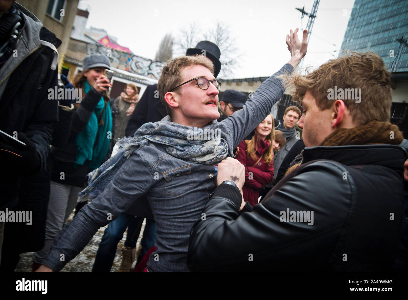 A young man dancing at the Hipster Winter Olympiale in Berlin, Germany ...