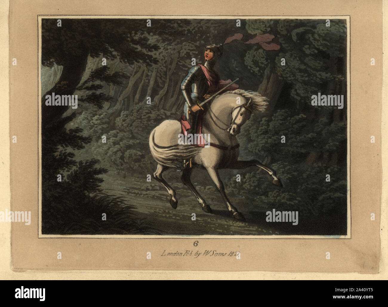 Medieval knight in armour on horseback lost in a forest at night ...