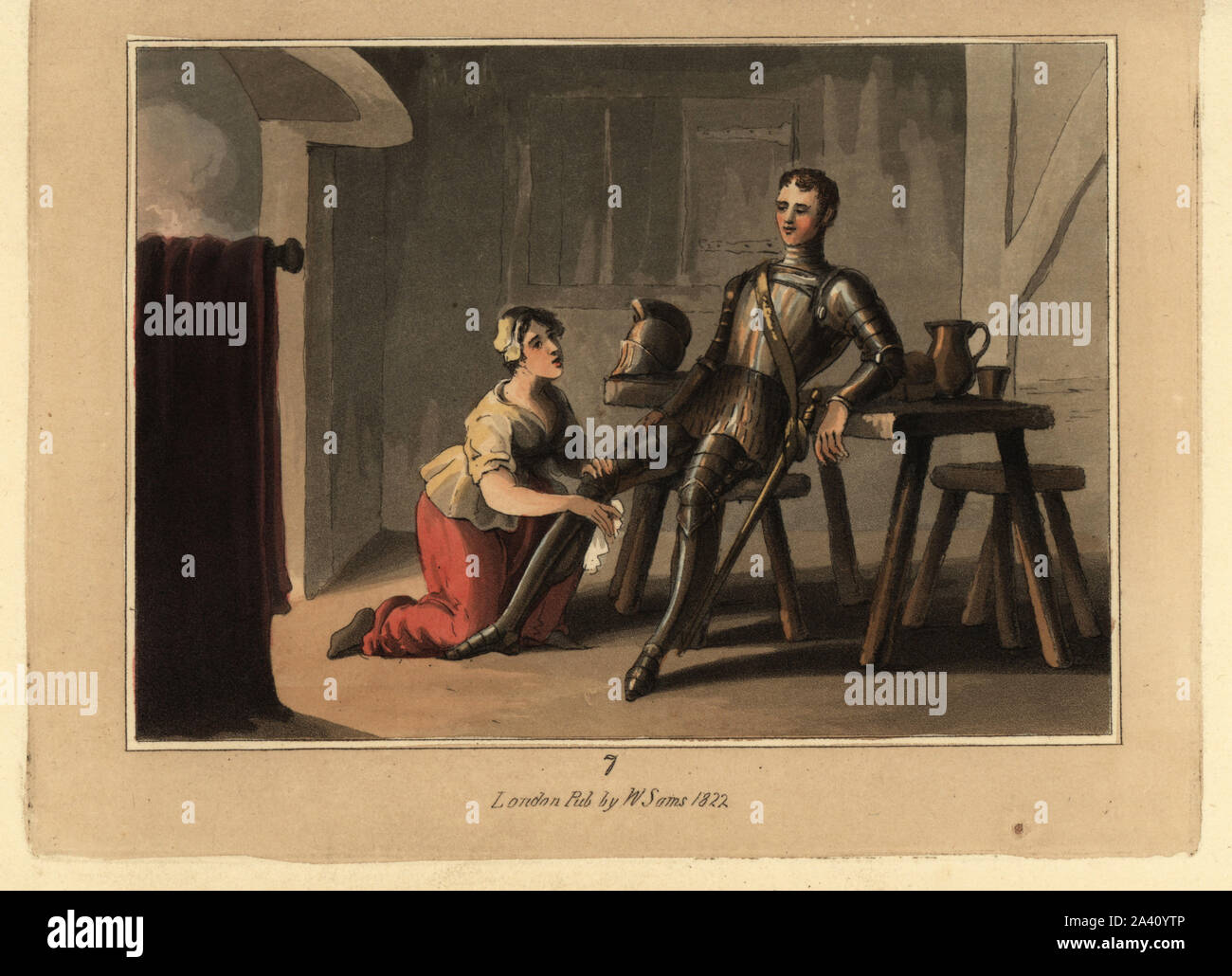 Medieval knight in suit of armour in front of a hearth in a peasant’s ...