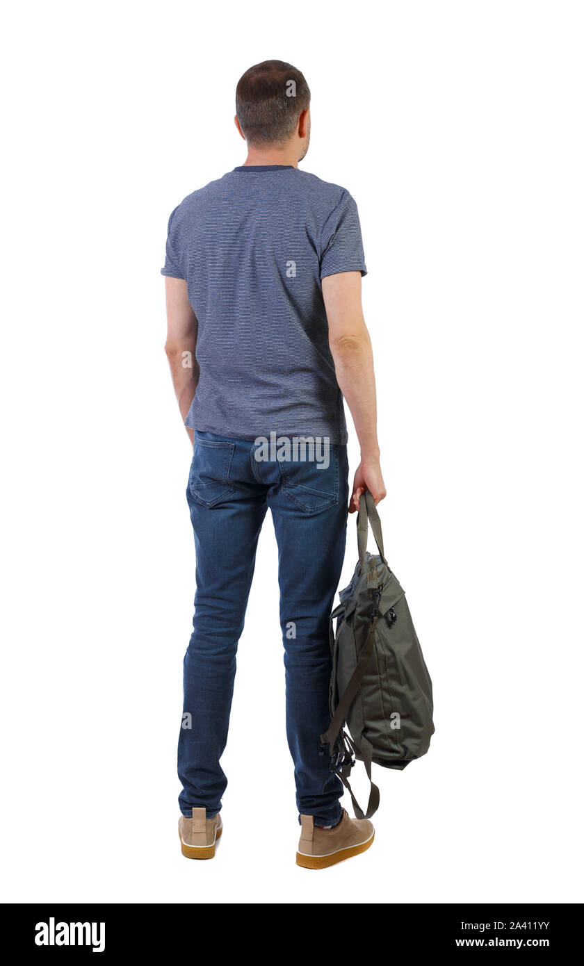 Back view of a man with a green bag. backside view of person. Rear view ...