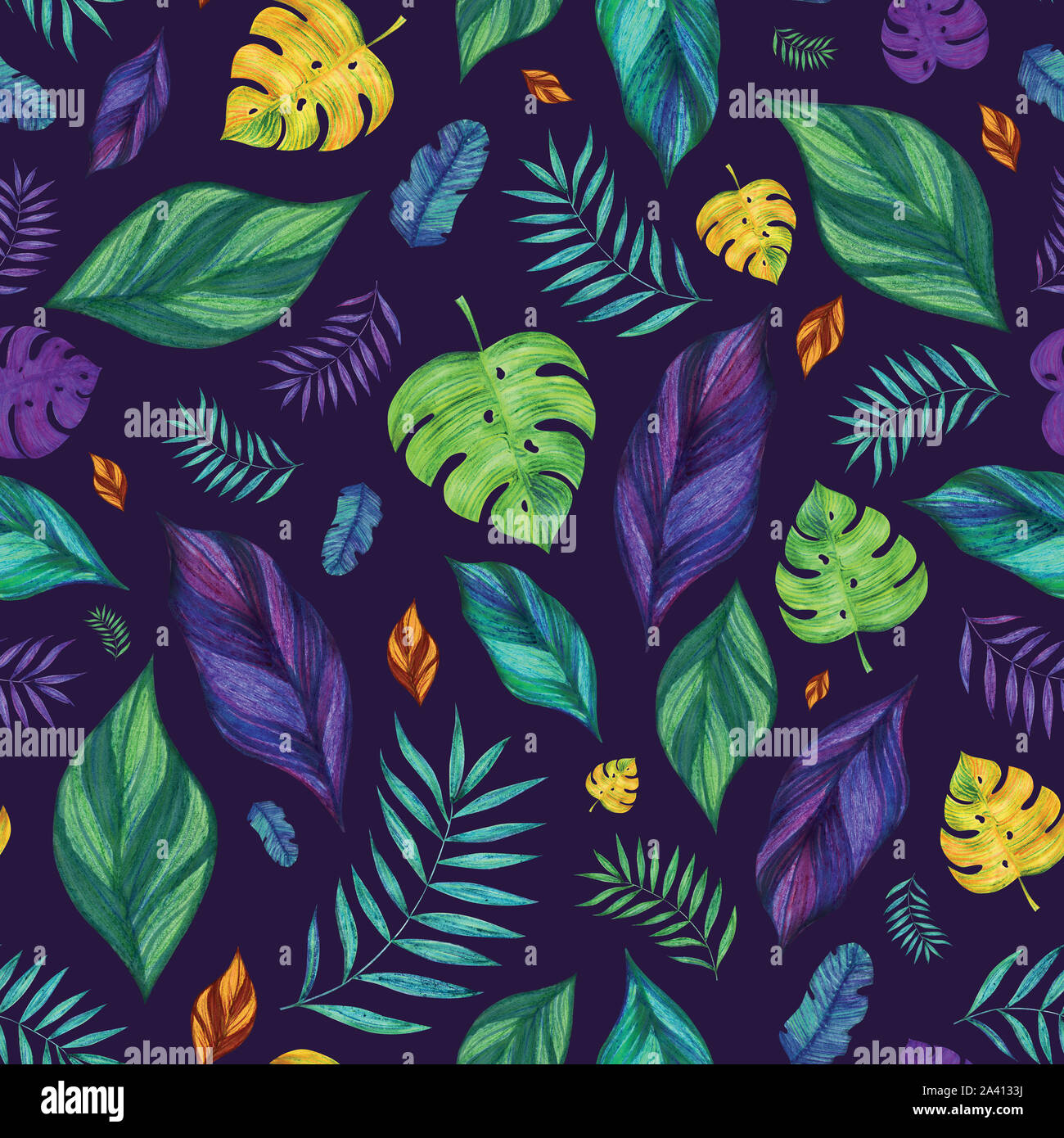 Seamless jungle pattern. Tropical leaves on a dark violet background ...