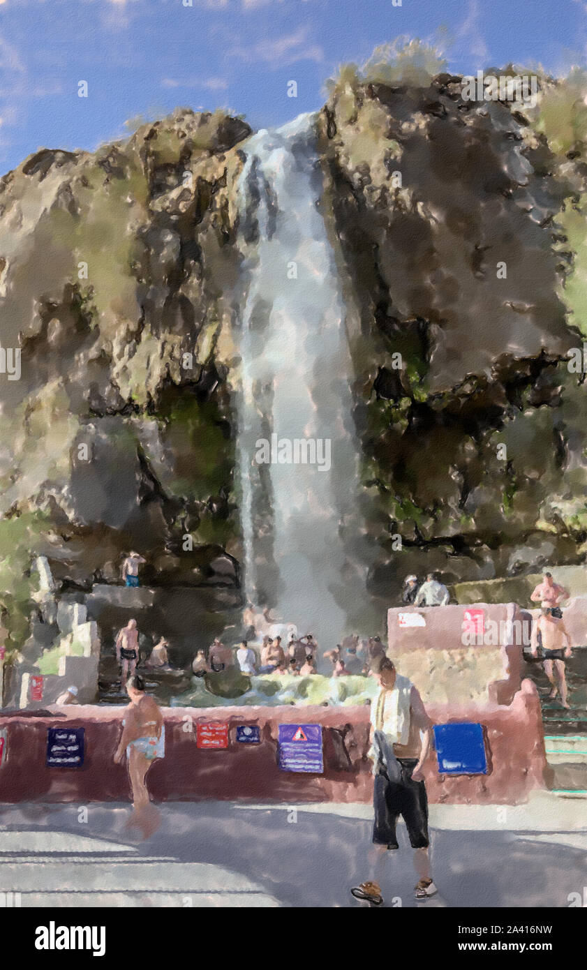 watercolor illustration: The great waterfall of the hot springs of Main ...