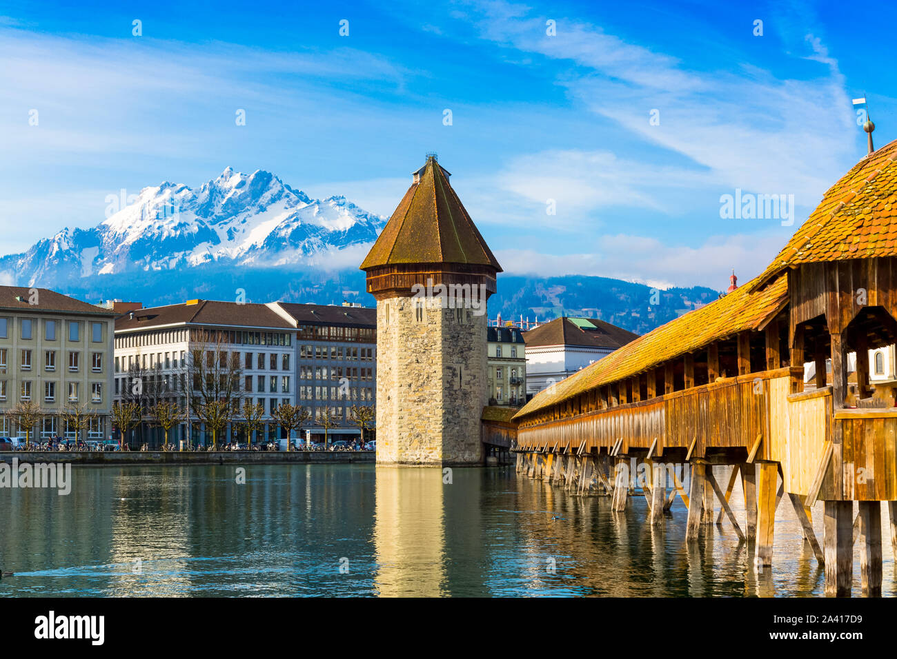 Kapellbrucke historic Chapel Bridge and waterfront landmarks in Lucern ...