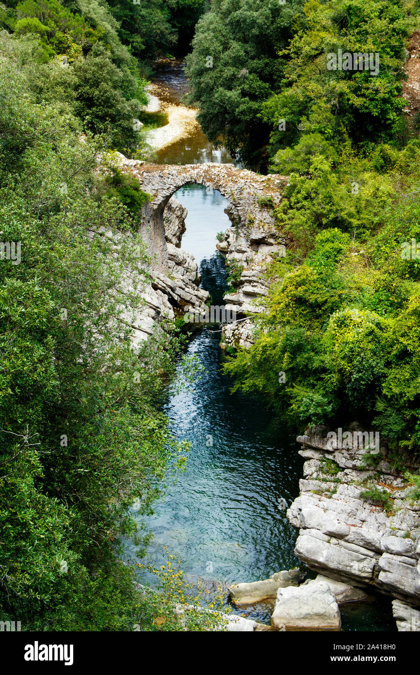 A medieval bridge on Calore River near Felitto in Cilento National Park ...