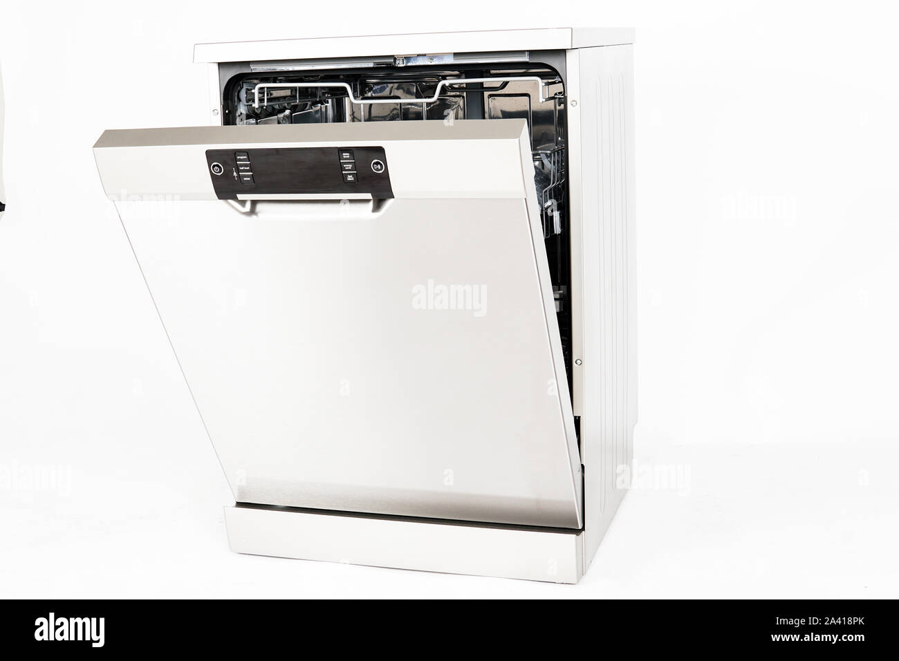 Modern european freestanding dishwasher machine isolated on white ...