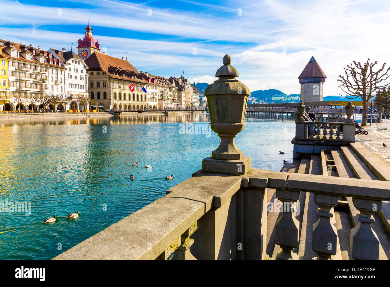 Old town buildings over Reuss river in Lucerne city, Switzerland Stock ...