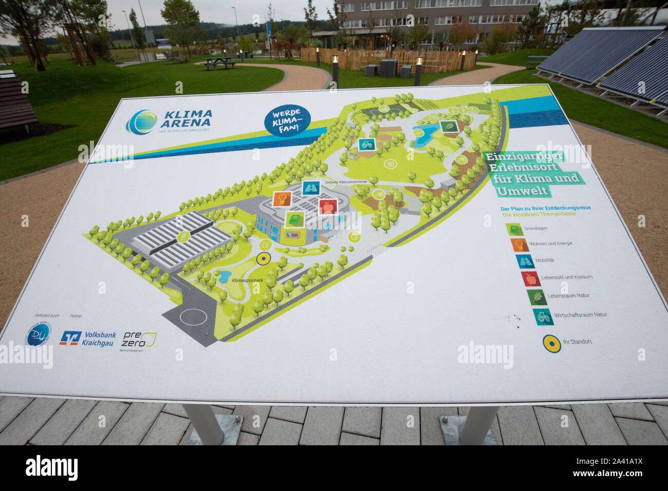 Exterior view of the climate arena, information board, map, opening of ...