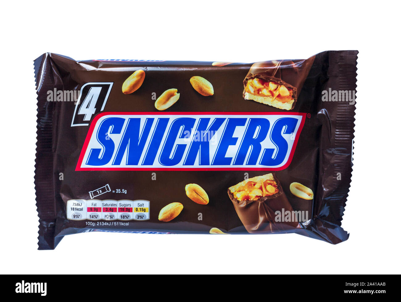 Packet of Snickers chocolate bars isolated on white background ...