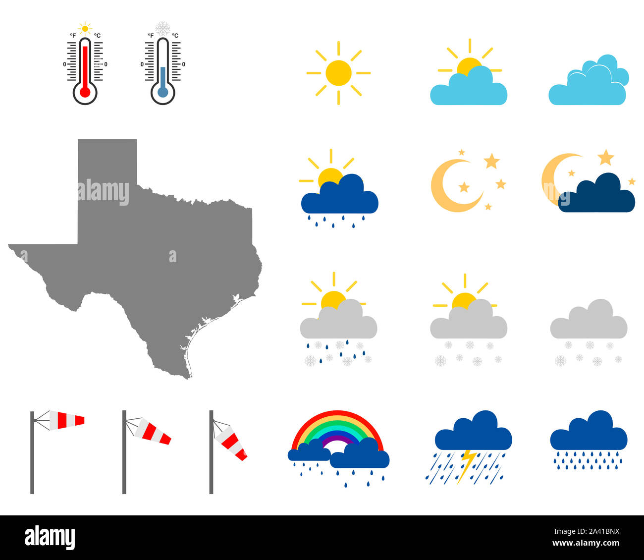 Map of Texas with weather symbols Stock Photo - Alamy