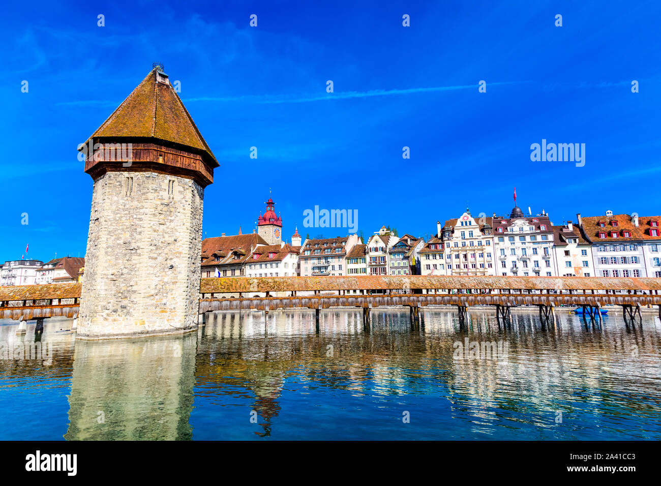 Kapellbrucke historic Chapel Bridge and waterfront landmarks in Lucerne ...
