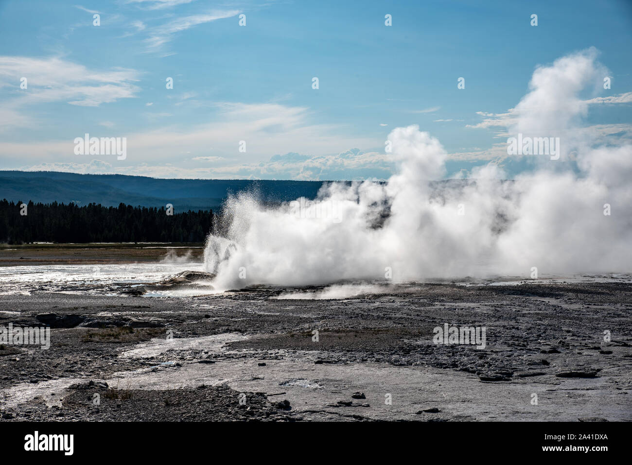 Morning geyser during an eruption in the upper geyser basin in ...