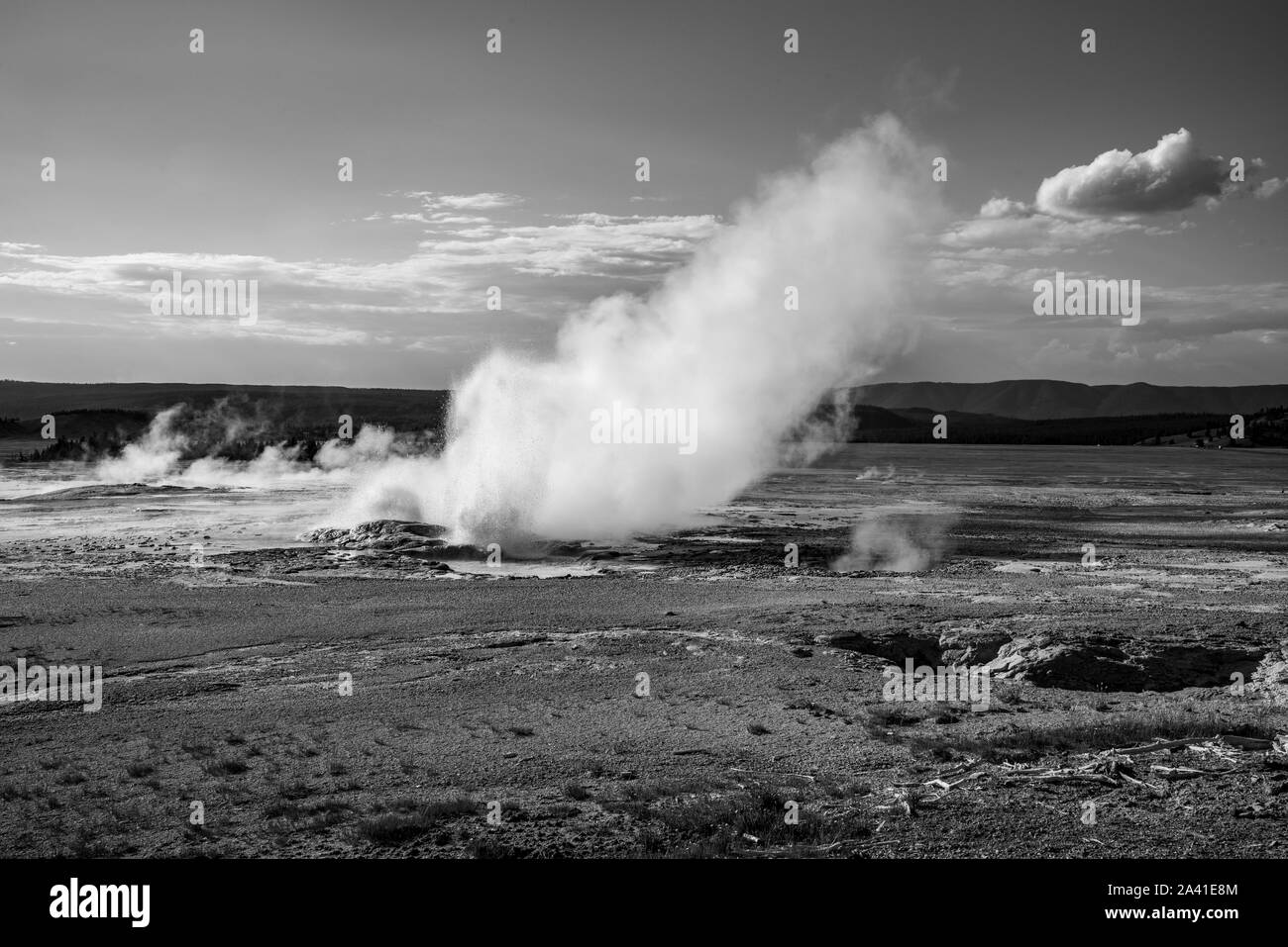 Morning geyser during an eruption in the upper geyser basin in ...